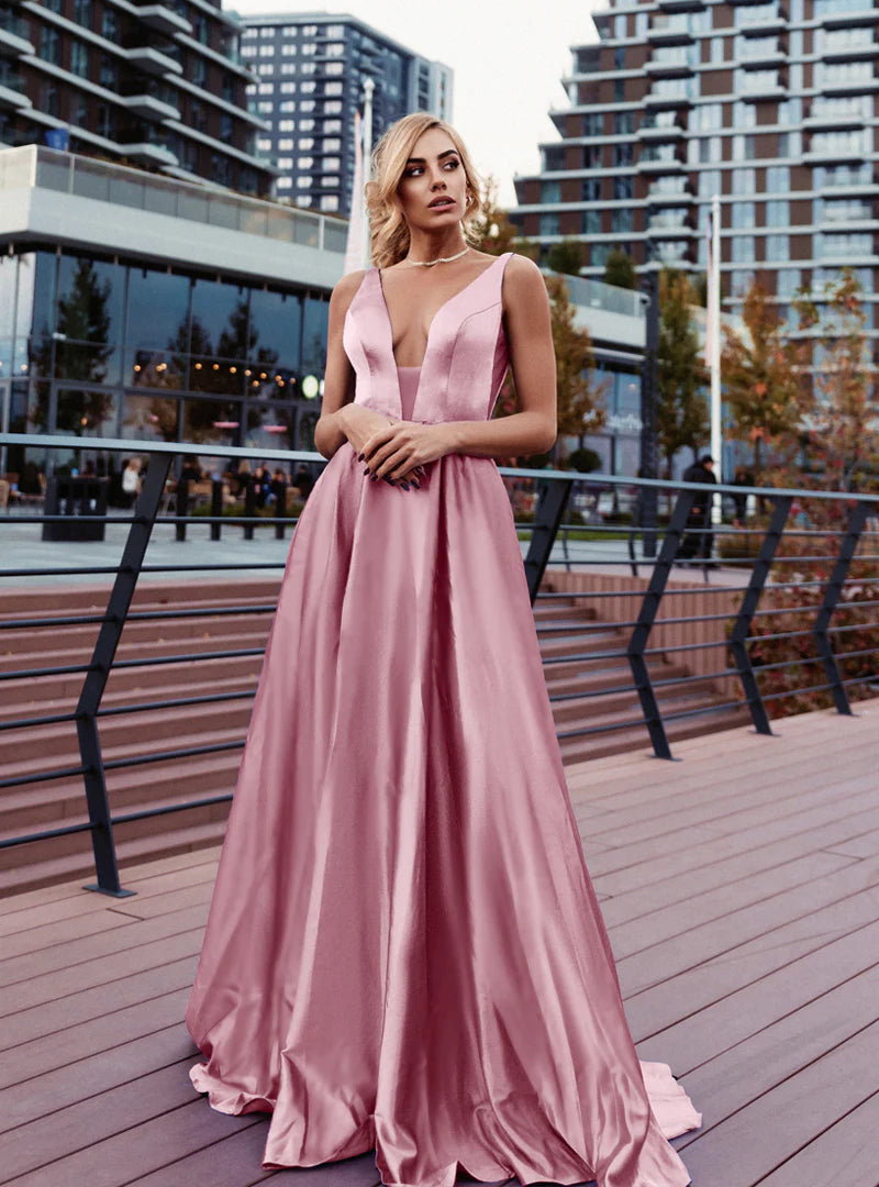 HDD Odette Satin Deep V Plunging Neckline A Line Maxi Dress (Made-To-O ...